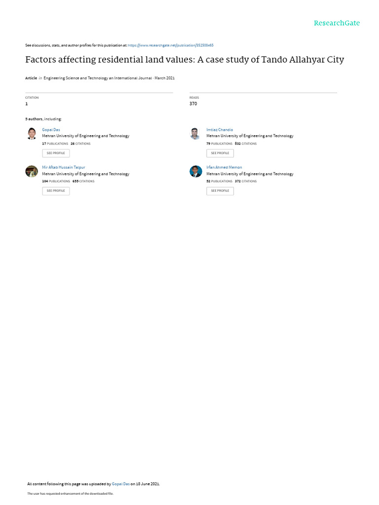 Factors Affecting Residential Land Values: A Case Study of Tando Allahyar City | PDF | Real ...