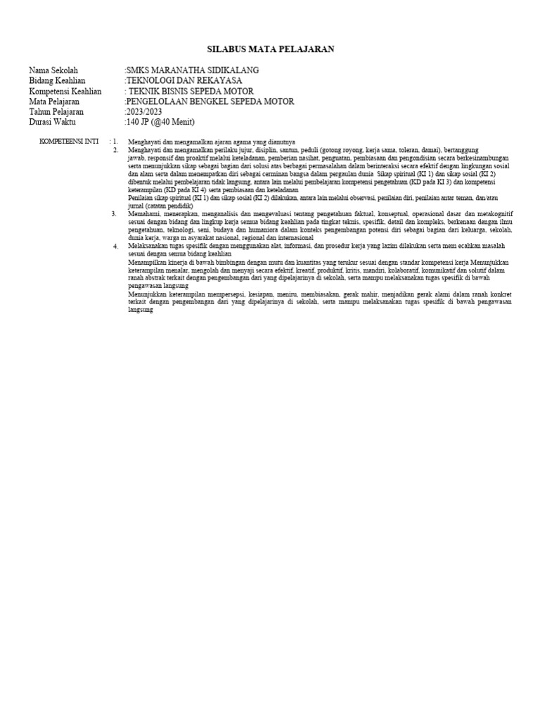 Silabus Pengelolaan Bengkel Sepeda Motor Kelas XII | PDF