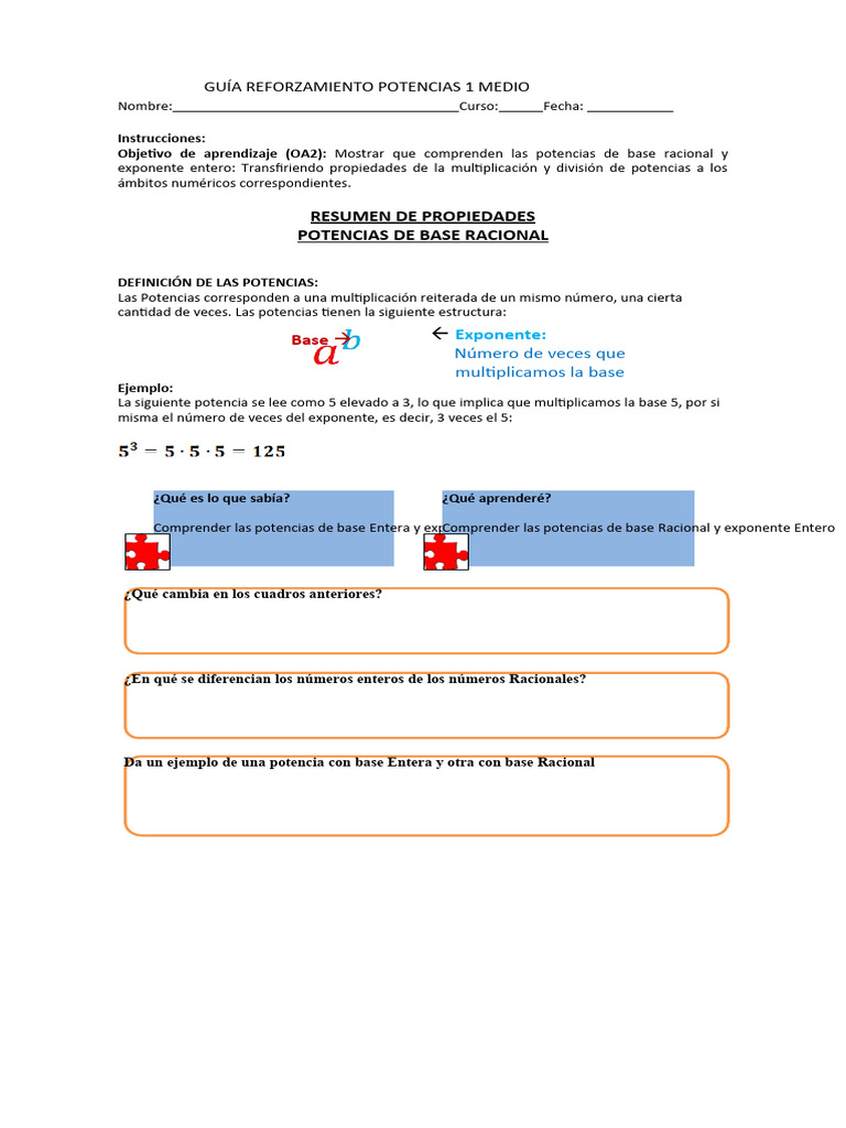 1°-Medio-Matemática-Guia Potencias de Base Racional | PDF ...
