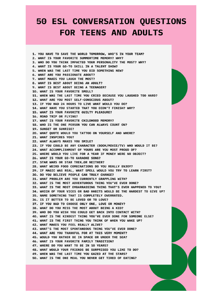 50 ESL Conversation For Adults and Teens | PDF