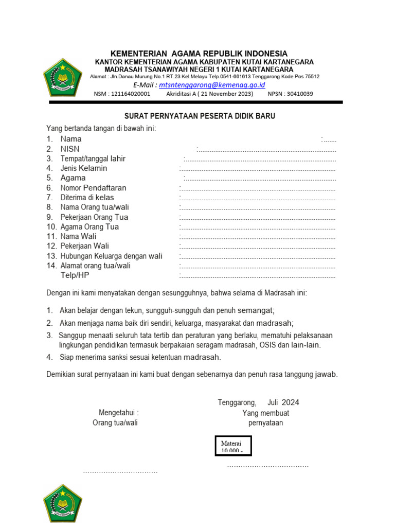 Contoh Surat Pernyataan Peserta Didik Baru Dan Orang Tua Wali Untuk ...