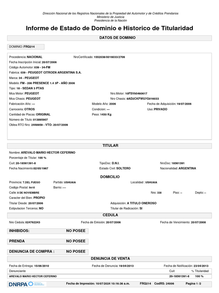 Informe Dominio Historico | PDF | Documento de identidad