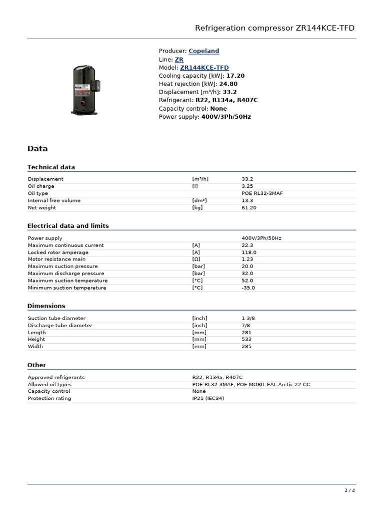 Copeland ZR144KCE TFD 425 Specifications | PDF | Engineering ...
