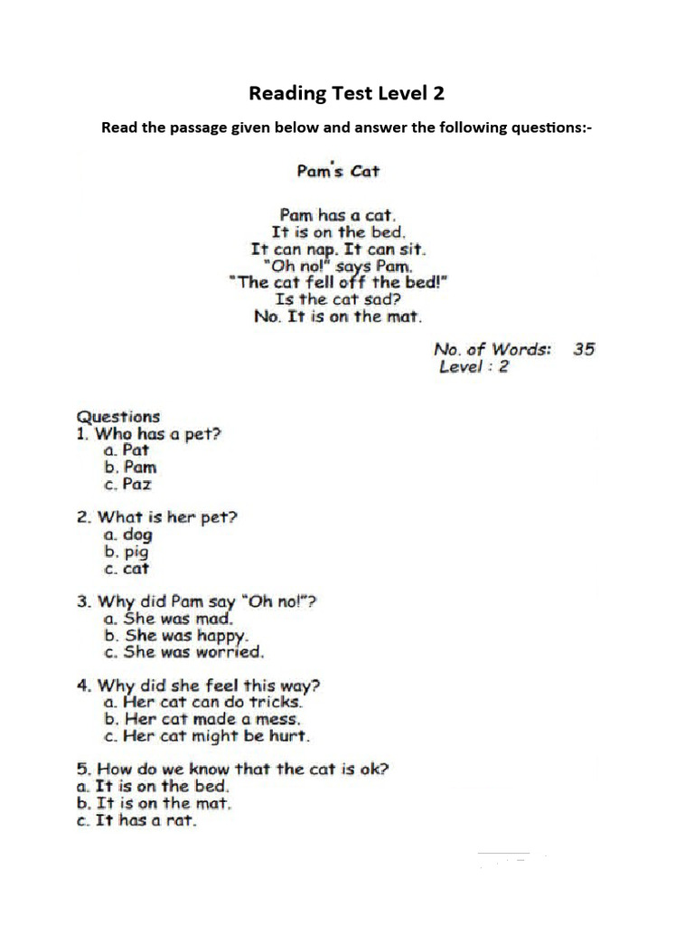 Reading Test Level 2 | PDF