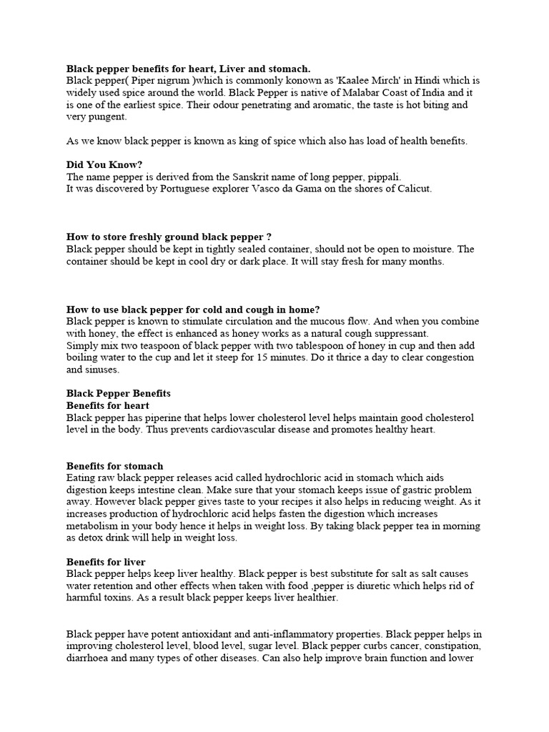 Black Pepper Benefits For Heart | PDF | Black Pepper | Stomach