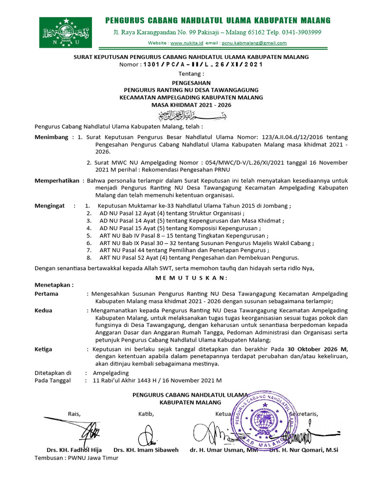 SK Pengurus Ranting NU Tawangagung | PDF