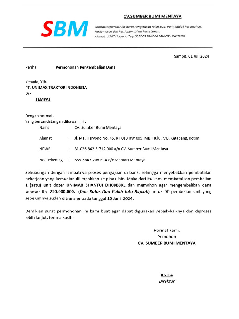 Permohonan Pengembalian Dana SBM | PDF