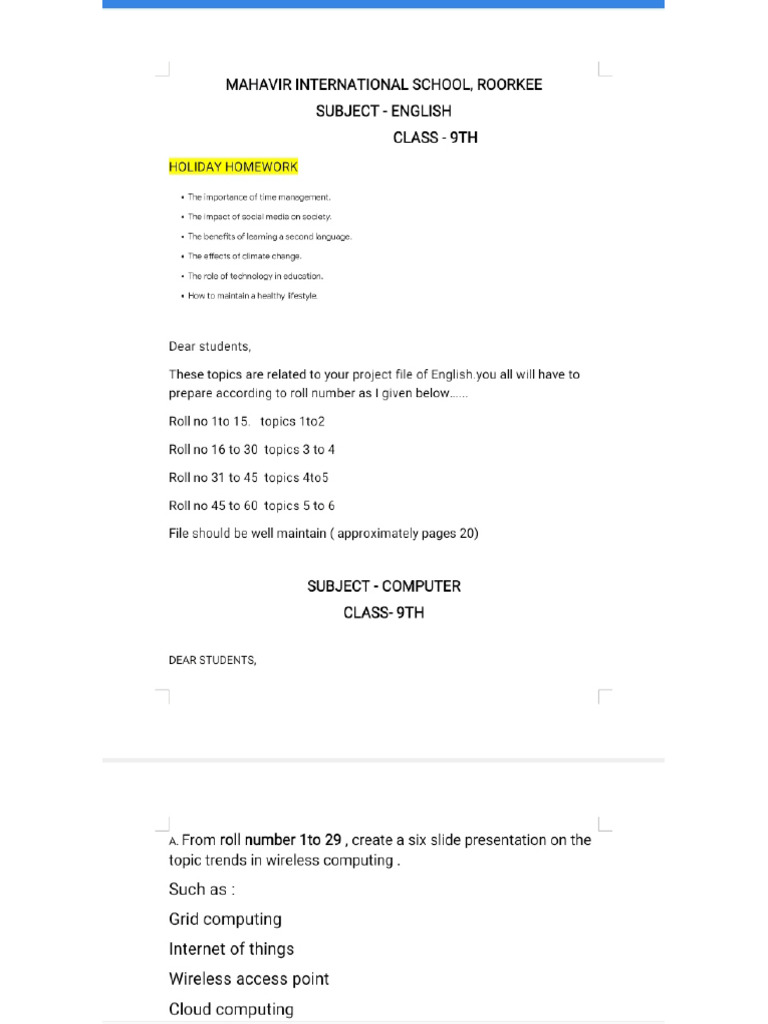 Class 9 Holiday Homework | PDF