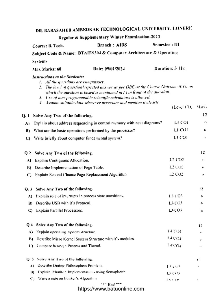 Btech Aids 3 Sem Computer Architecture and Operating Systems Btaies304 ...