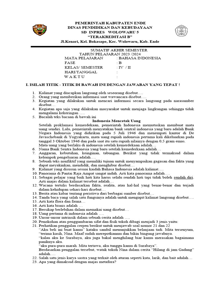 Soal Bahasa Indonesia Kelas IV | PDF