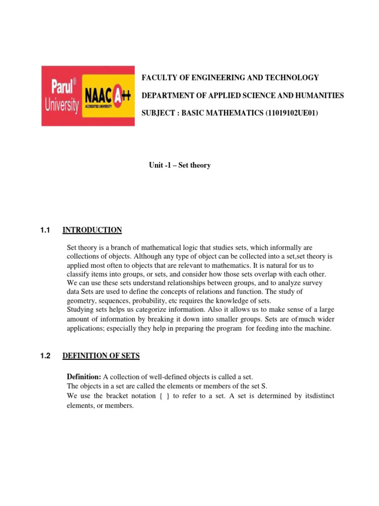 unit- 1 - Set theory | PDF | Set (Mathematics) | Mathematics