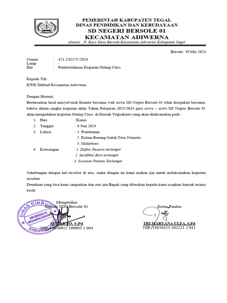 Surat Pemberitahuan Outing Class | PDF