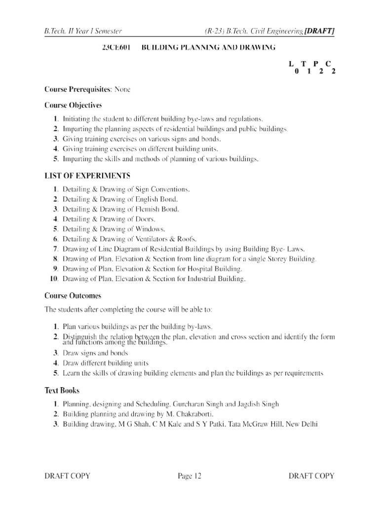 23CE601 - Building Planning and Drawing - Syllabus | PDF