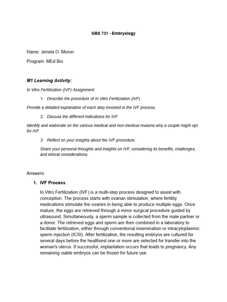 Learning Activity Embryology | PDF | In Vitro Fertilisation | Infertility