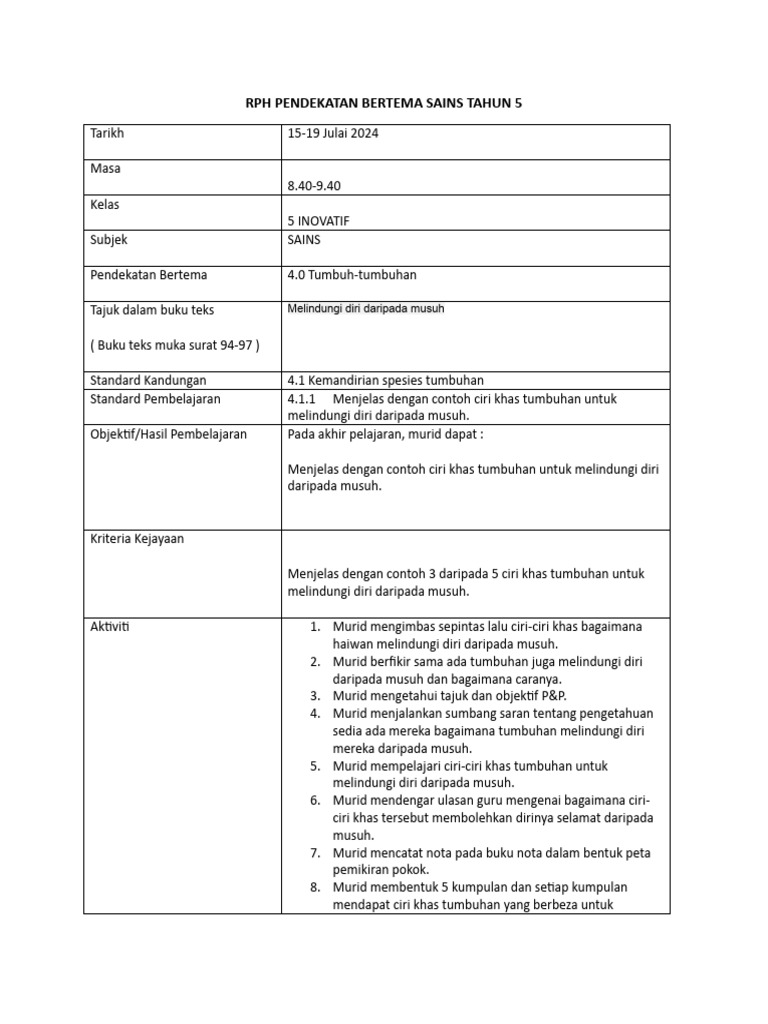 RPH Pendekatan Bertema Sains Tahun 5 Semester 1 | PDF