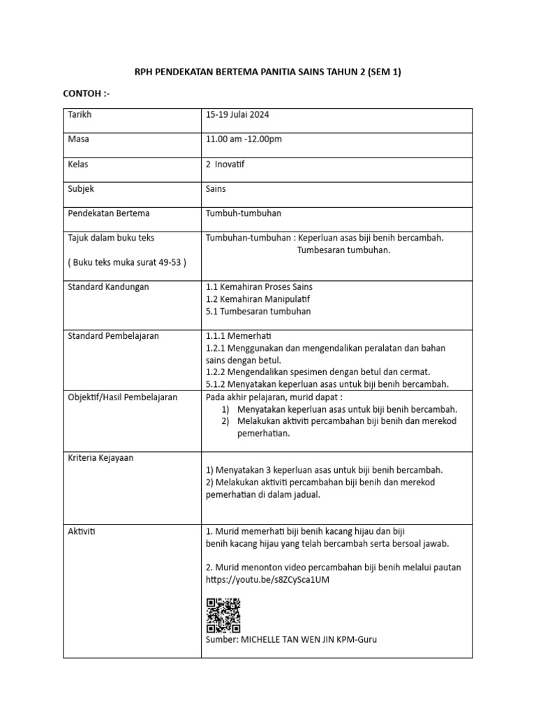 RPH Pendekatan Bertema Sains Tahun 2 Semester 1 | PDF