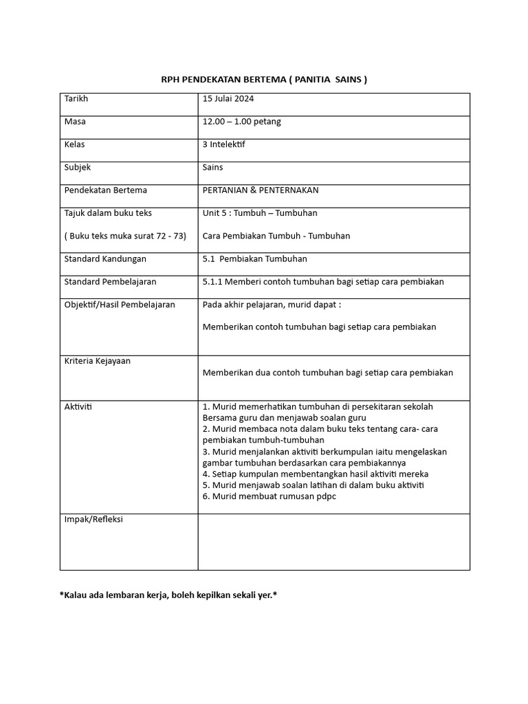 RPH Pendekatan Bertema Sains Tahun 3 Semester 1 | PDF