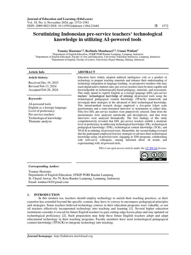 Scrutinizing Indonesian Pre-Service Teachers' Technological Knowledge in Utilizing AI-powered ...