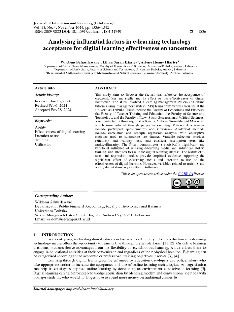 Analysing Influential Factors in E-Learning Technology Acceptance For Digital Learning ...