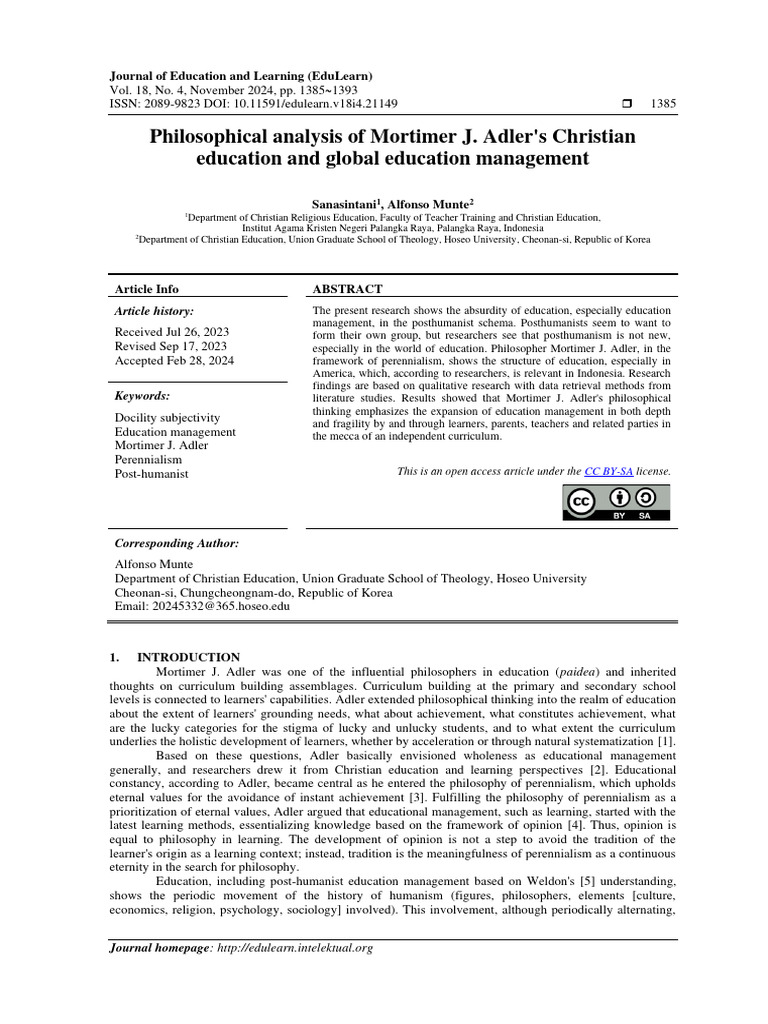 Philosophical Analysis of Mortimer J. Adler's Christian Education and ...