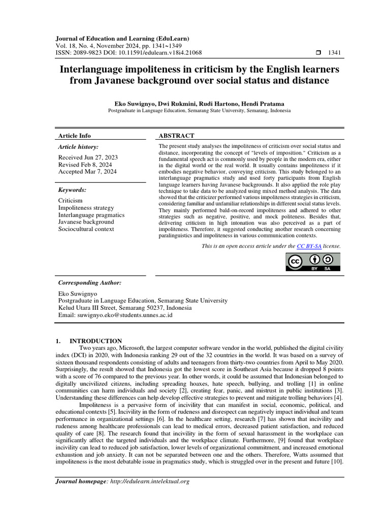 Interlanguage Impoliteness in Criticism by The English Learners From ...
