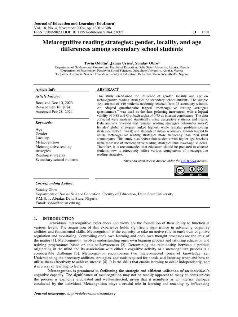 Metacognitive Reading Strategies: Gender, Locality, and Age Differences ...