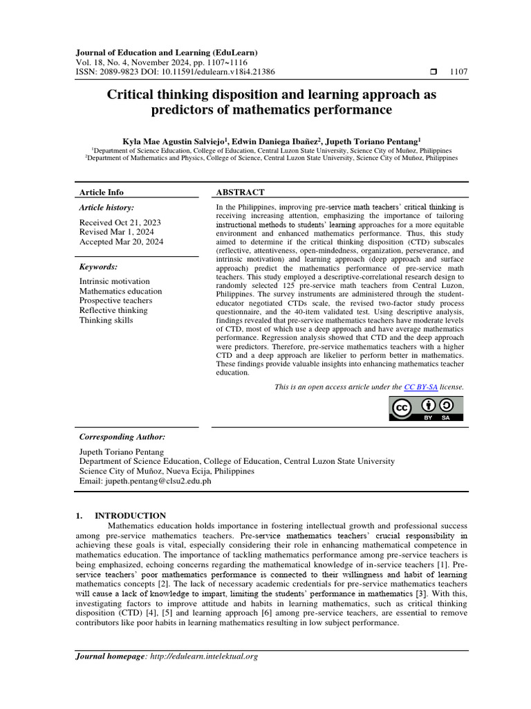 Critical Thinking Disposition And Learning Approach As Predictors Of Mathematics Performance