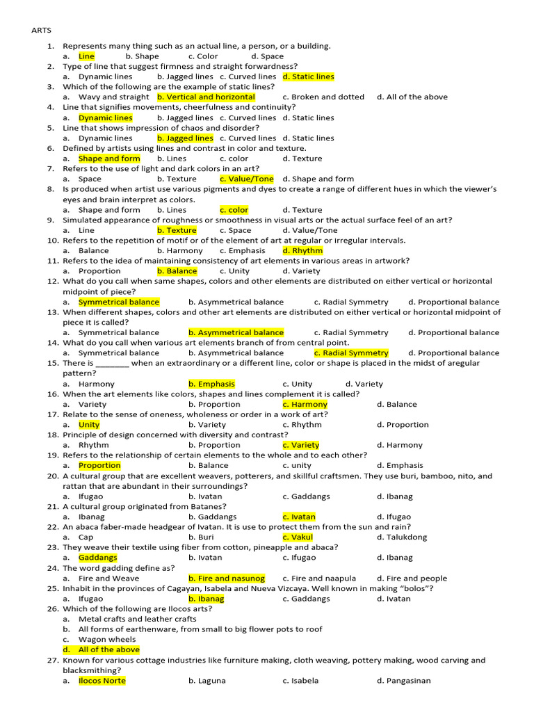 ARTS Answer Key PDF Symmetry Color