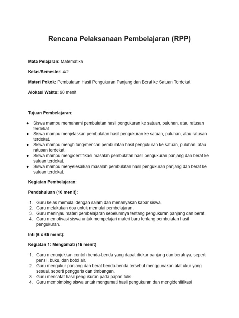 RPP Pembulatan Hasil Pengukuran Ke Satuan, Puluha... | PDF