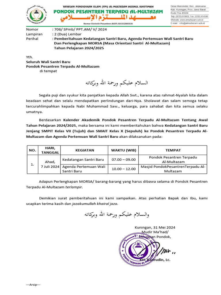 Surat Pemberitahuan Kedatangan Santri Baru-1 | PDF