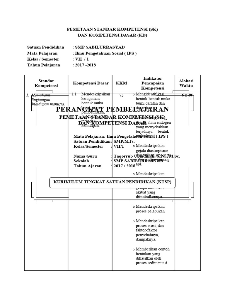 Kelas 7 PEMETAAN SK DAN KD | PDF