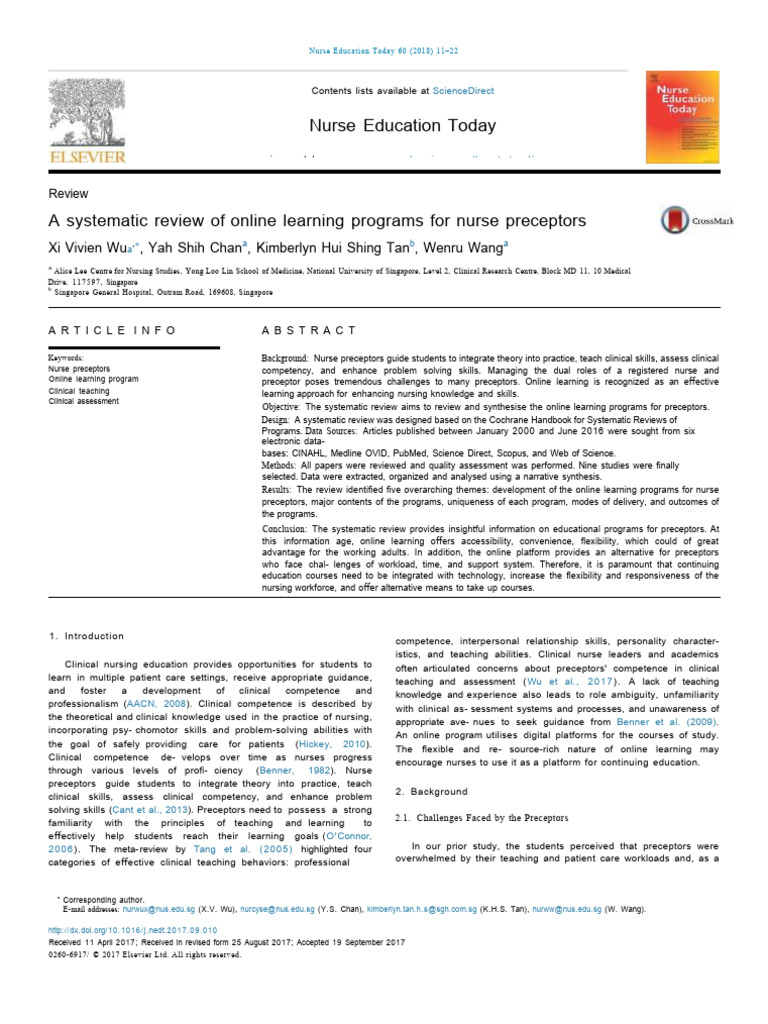 2018, Wu Et Al. A Systematic Review of Online Learning Programs For ...