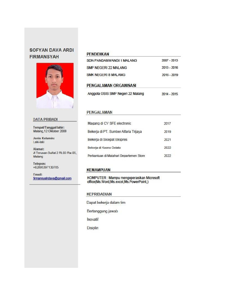 CV Sofyan Dava - Malang | PDF