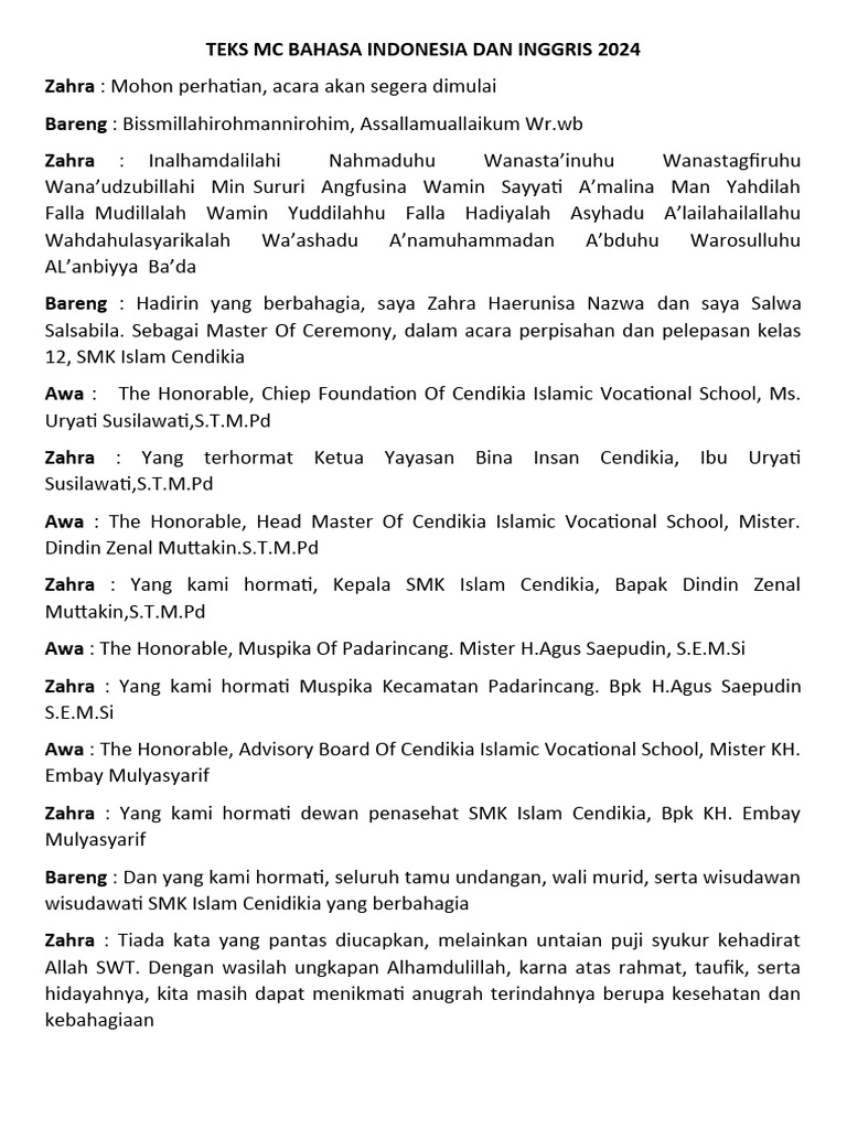 Teks MC Bahasa Indonesia Dan Inggris Ic | PDF | Kajian Bahasa Asing | Seni