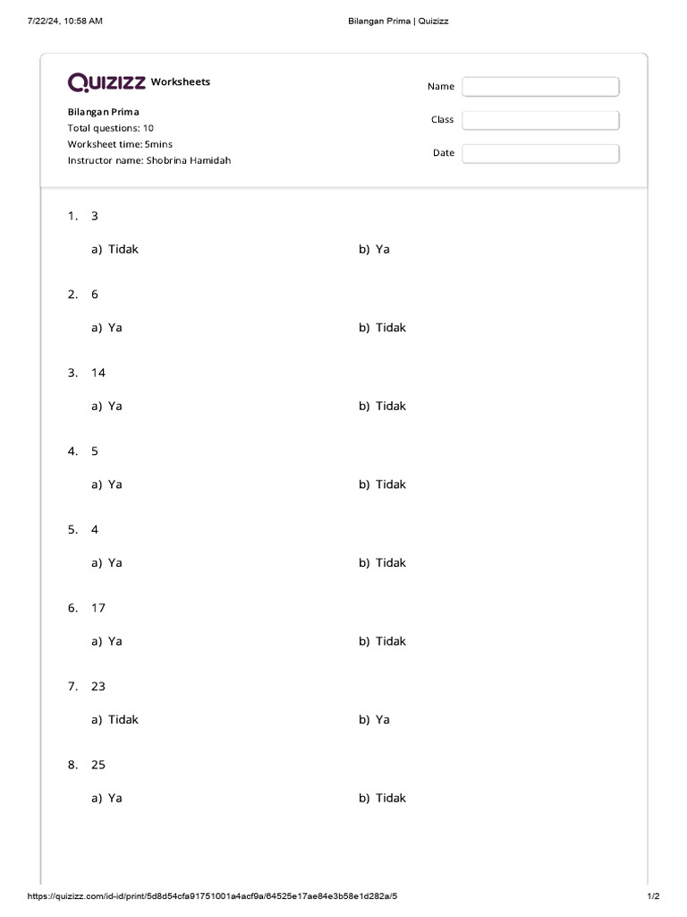 Worksheet Bilangan Prima | PDF