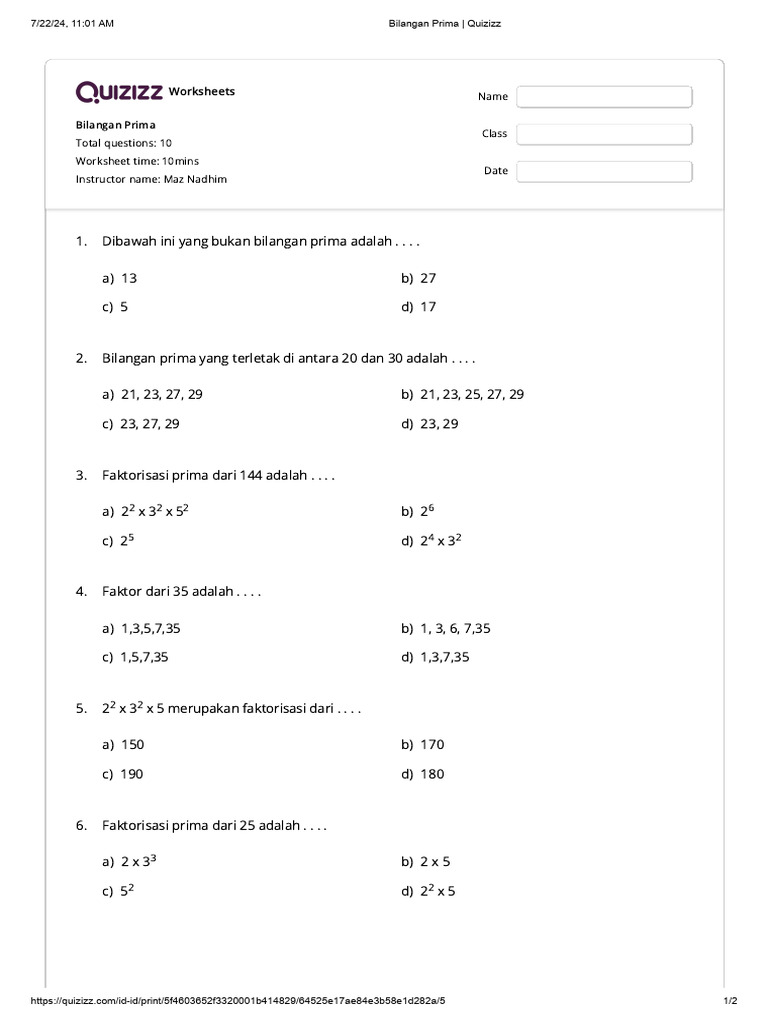 Worksheet Bilangan Prima untuk Siswa | PDF