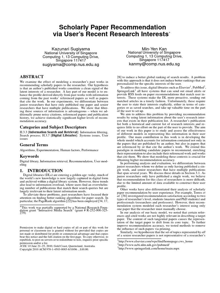 Scholarly Paper Recommendation | PDF | Information Science | Computing