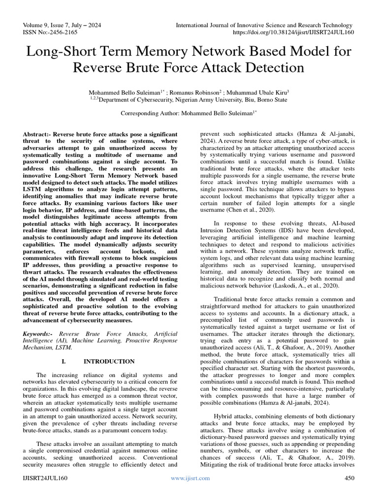 Long-Short Term Memory Network Based Model For Reverse Brute Force Attack Detection | PDF ...