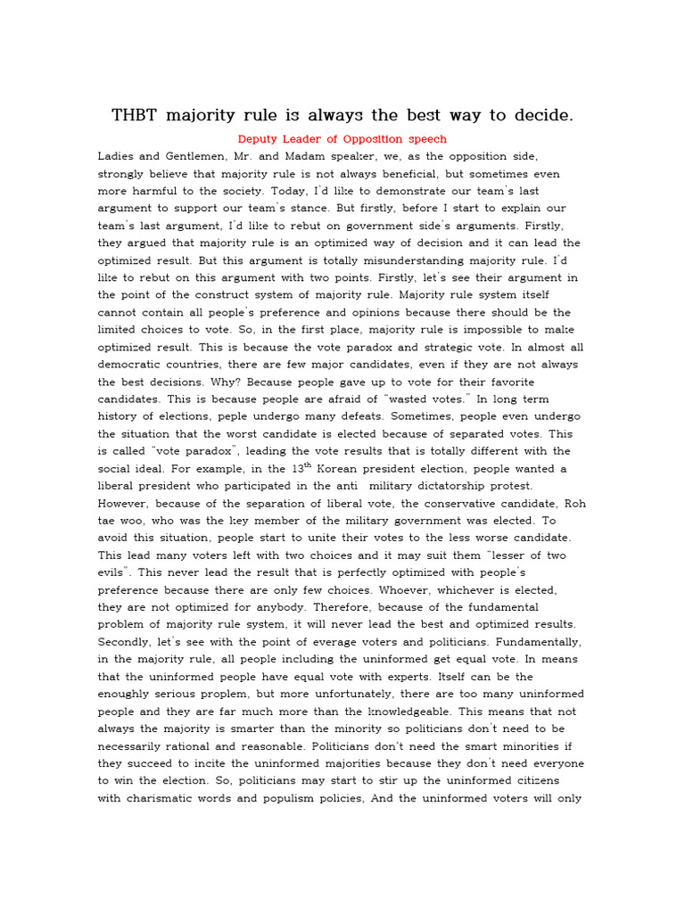 THBT Majority Rule Is Always Right | PDF | Voting | Elections