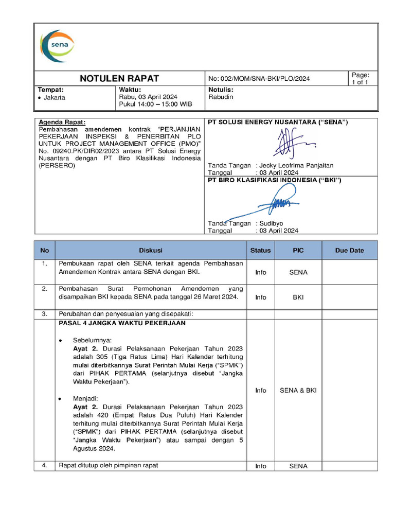 Final - Notulen Rapat SENA&BKI - 03 April 2024 - TTD | PDF