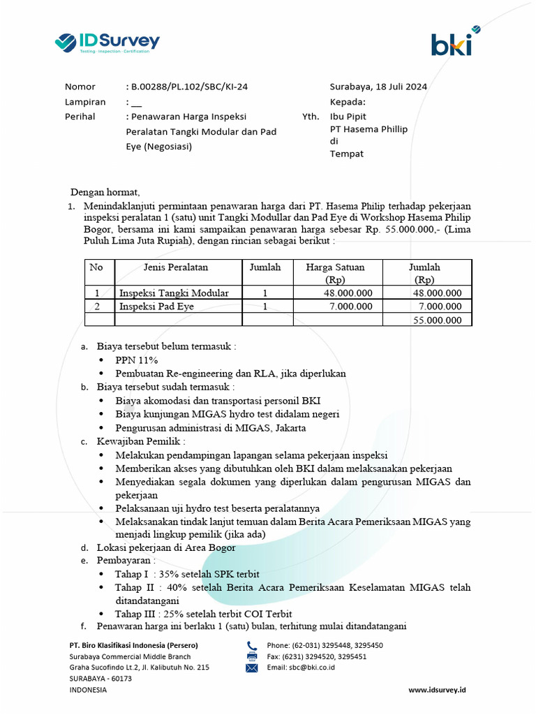 Penawaran Inspeksi Tangki Modular BKI | PDF | Teknologi & Rekayasa