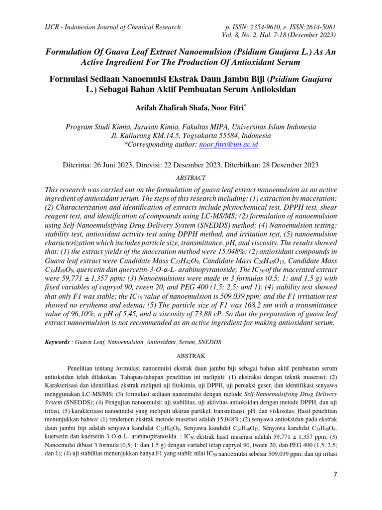 Formulasi Sediaan Nanoemulsi Ekstrak Daun Jambu Biji (Psidium Guajava L.) Sebagai Bahan Aktif ...