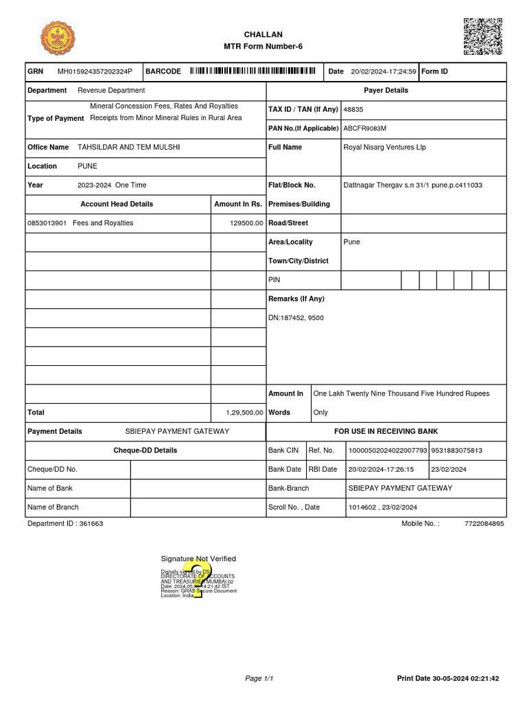 Challan MTR Form Number-6: PAN No. (If Applicable) ABCFR9083M | PDF | Payments | Money
