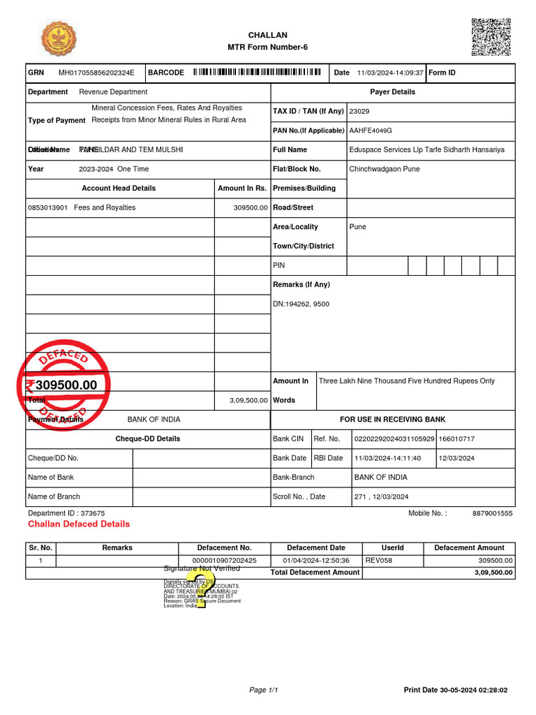 Challan MTR Form Number-6: PAN No. (If Applicable) AAHFE4049G | PDF ...