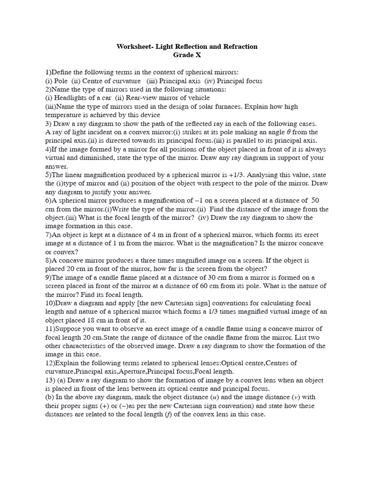 Worksheet- class 10th science | PDF | Refractive Index | Mirror