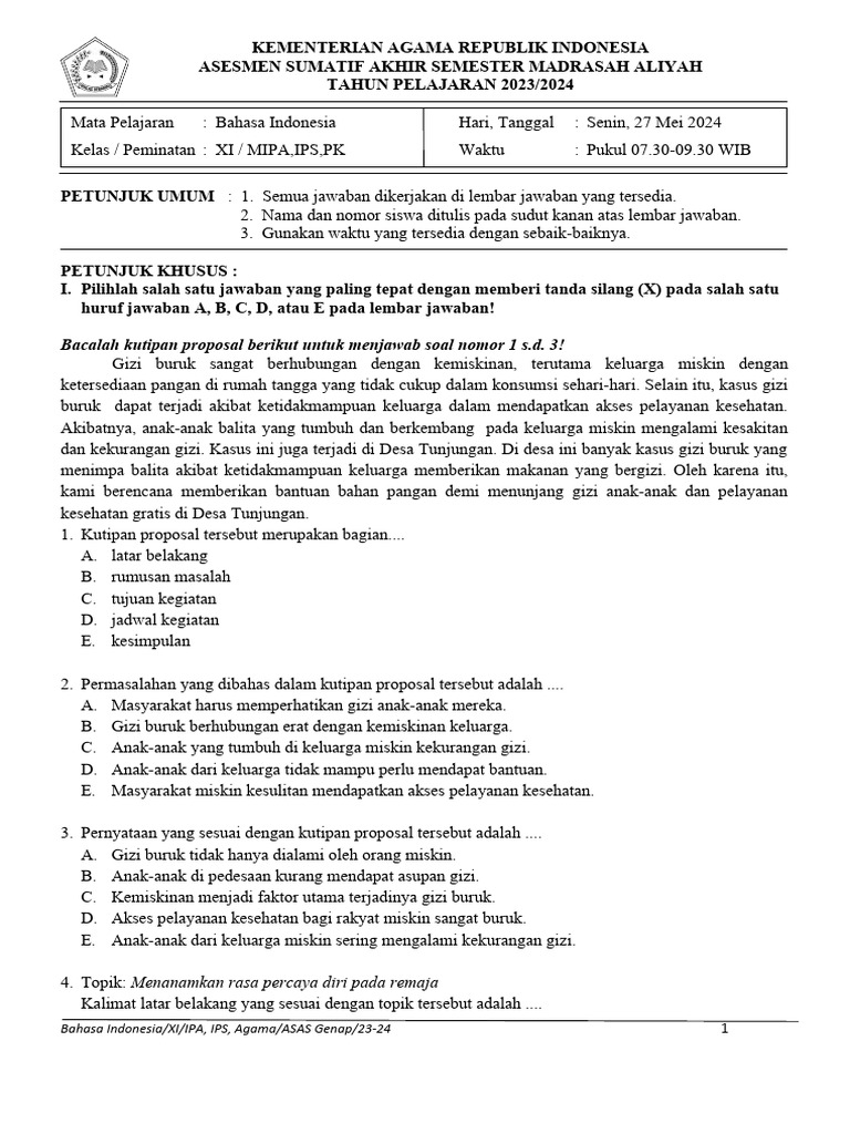 SOAL XI BAHASA INDONESIA ASAS GENAP 23-24 | PDF