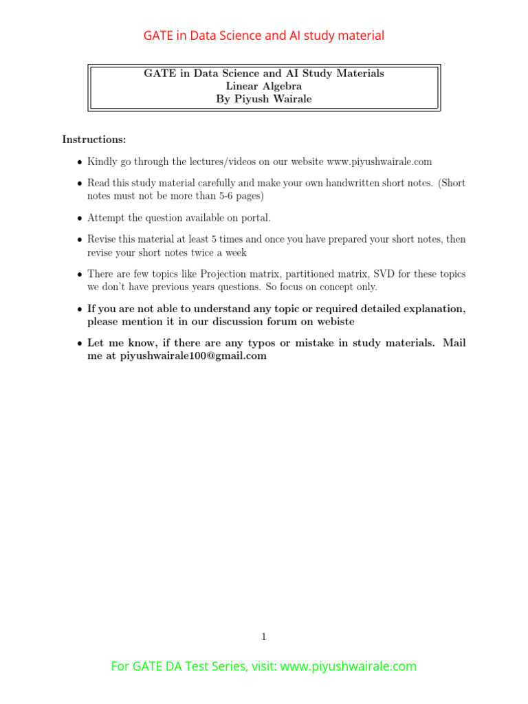 GATE DA Linear Algebra Notes | PDF | Matrix (Mathematics) | Vector Space GATE DA Linear Algebra Notes | PDF | Matrix (Mathematics) | Vector Space