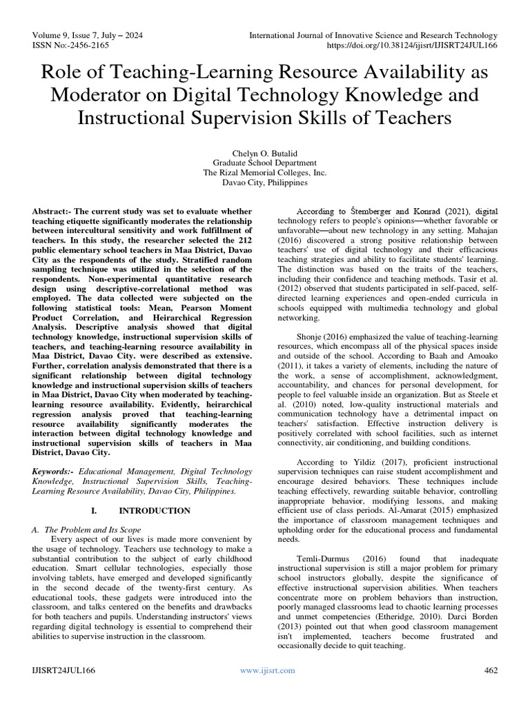 Role of Teaching-Learning Resource Availability As Moderator On Digital Technology Knowledge and ...