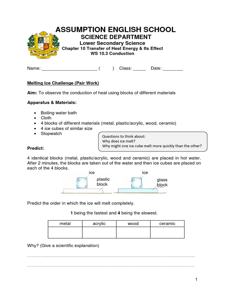 WS 10.3 - Conduction (Practical) | PDF | Ice | Water