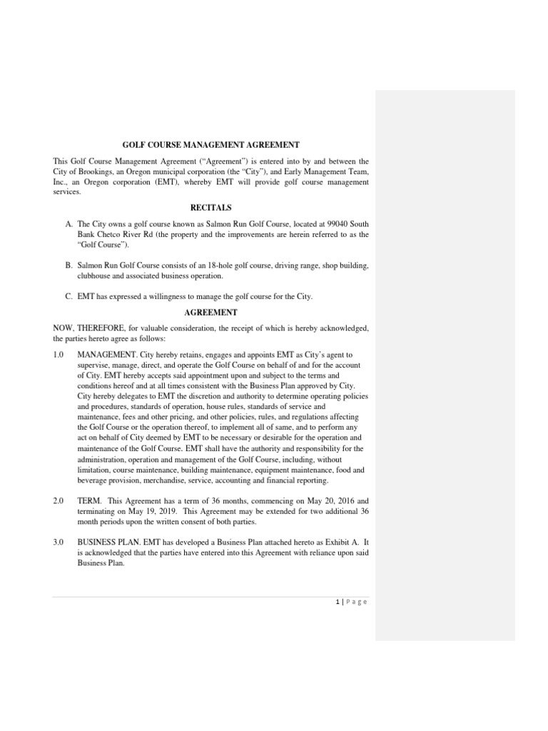 Golf Course Management Contract | PDF | Bankruptcy | Indemnity